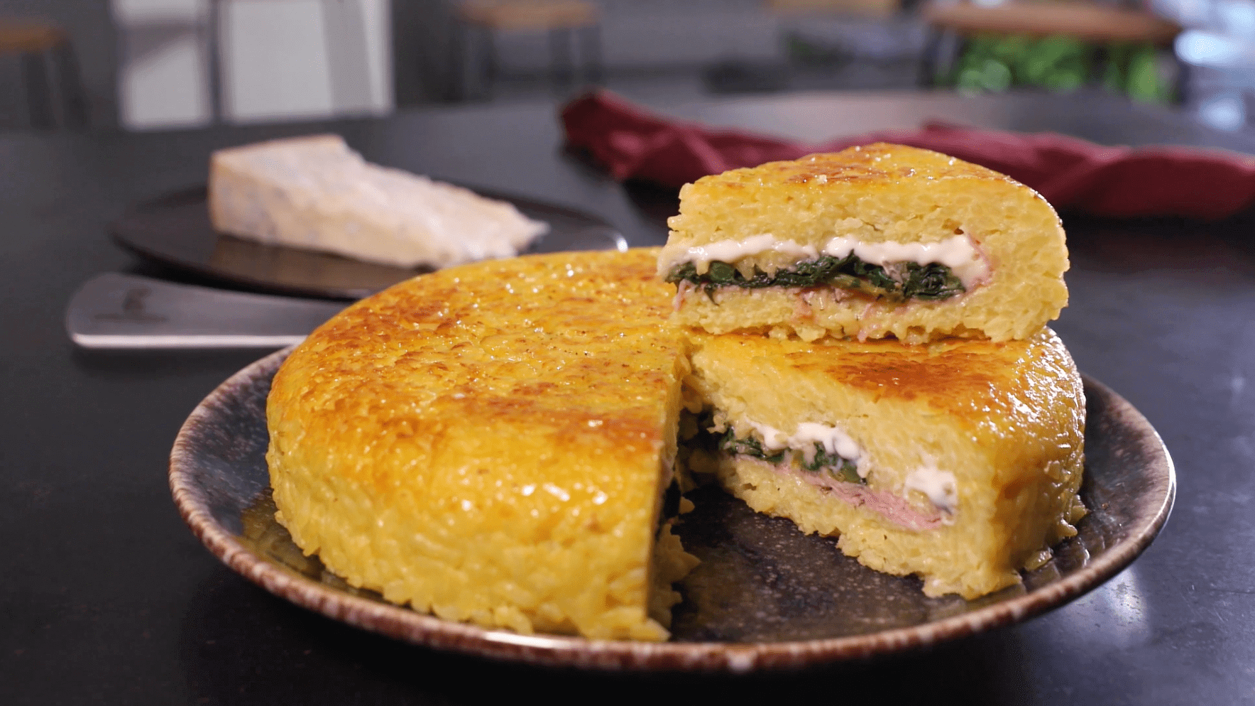 Rice flan stuffed with roasted ham, broccoli rabe and Gorgonzola PDO ...