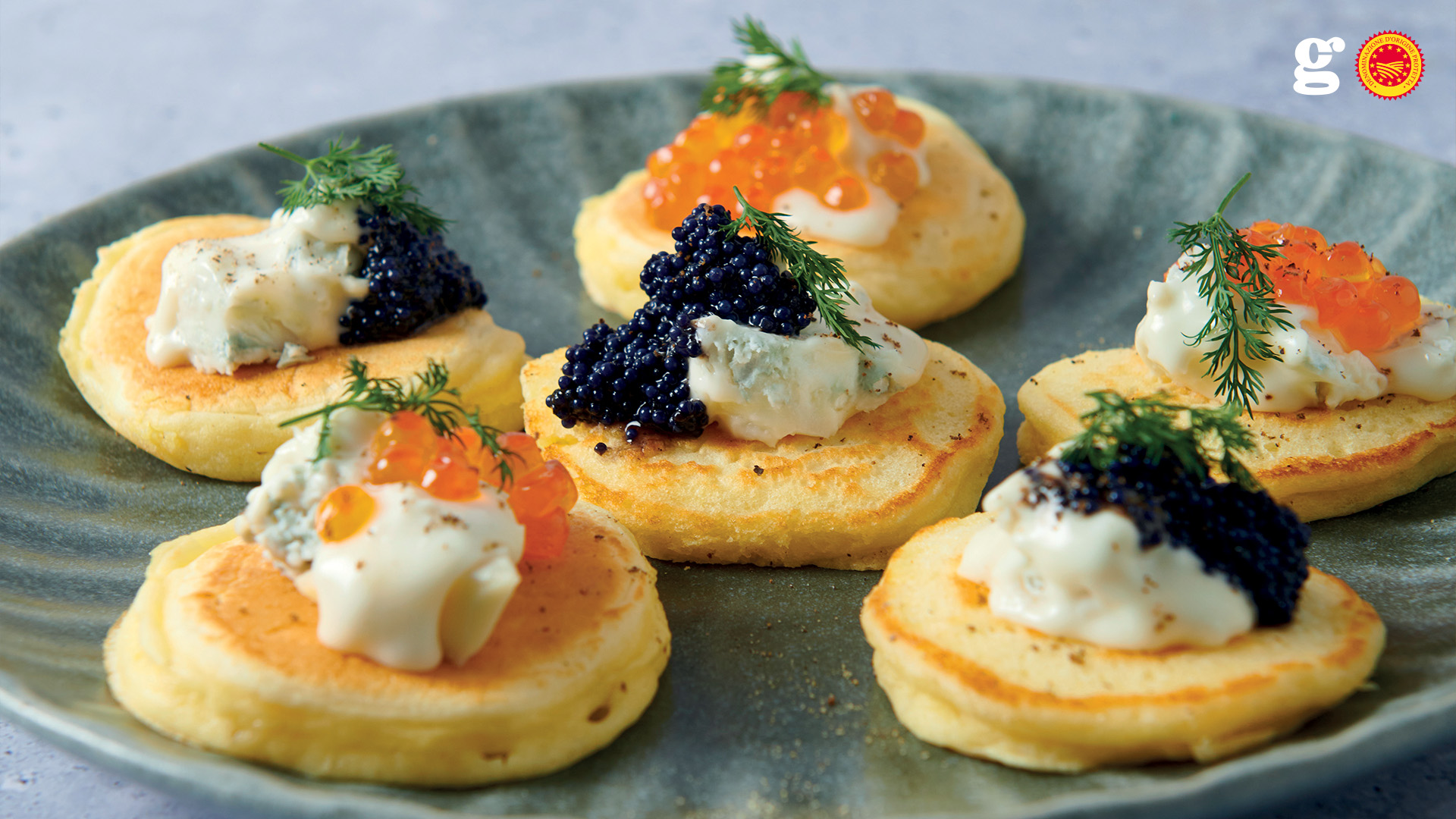 Savoury Blinis with Gorgonzola PDO, fish roe and dill - Gorgonzola DOP
